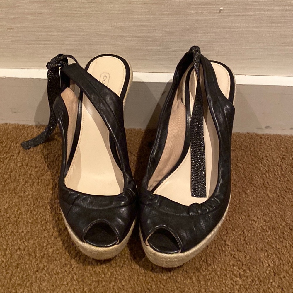 Coach Wedge Sandals. Open Toe. Black Leather. Sparkle… - Gem